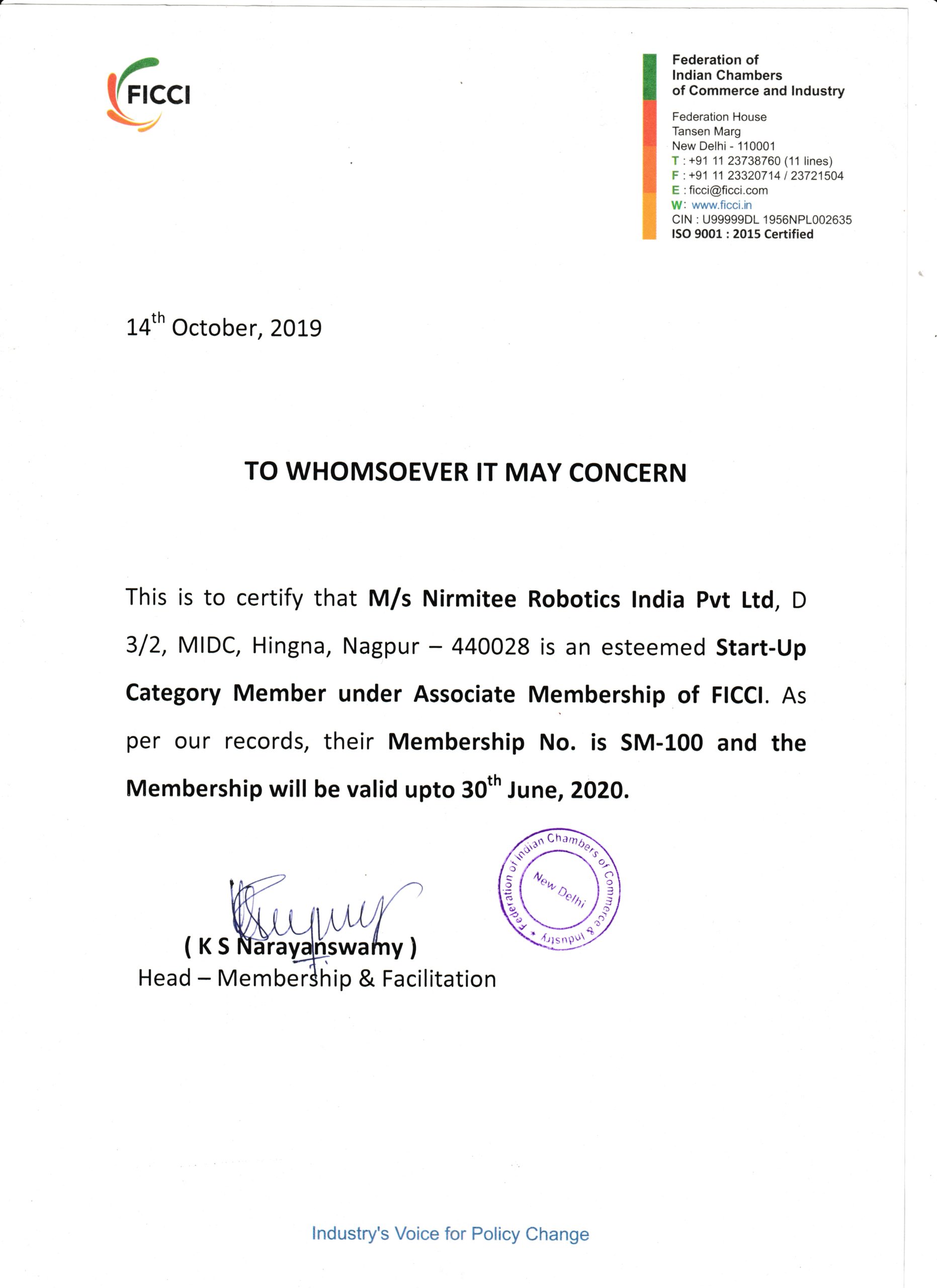 FICCI Certification - Nirmitee Robotics